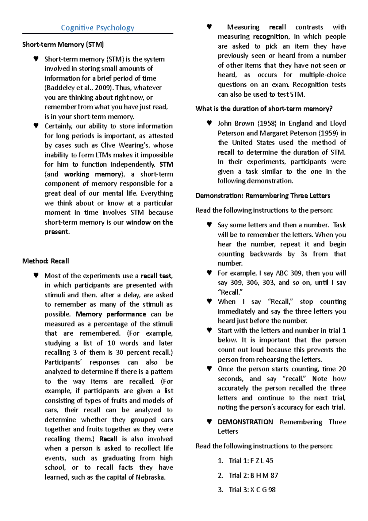 Cognitive Psychology ( Finals) - Cognitive Psychology Short-term Memory ...