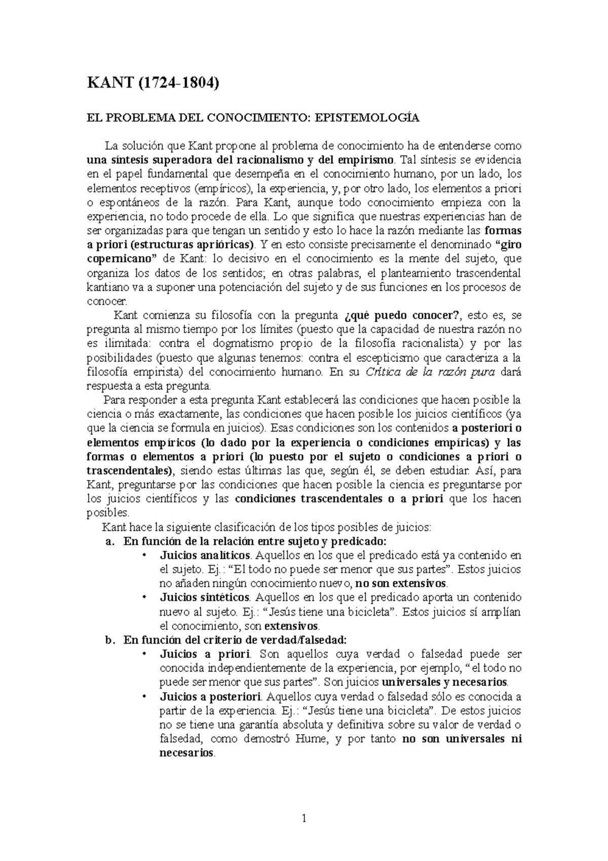 Tema 8. Kant - tema 2 - KANT (1724-1804) EL PROBLEMA DEL CONOCIMIENTO: EPISTEMOLOGÍA La solución ...