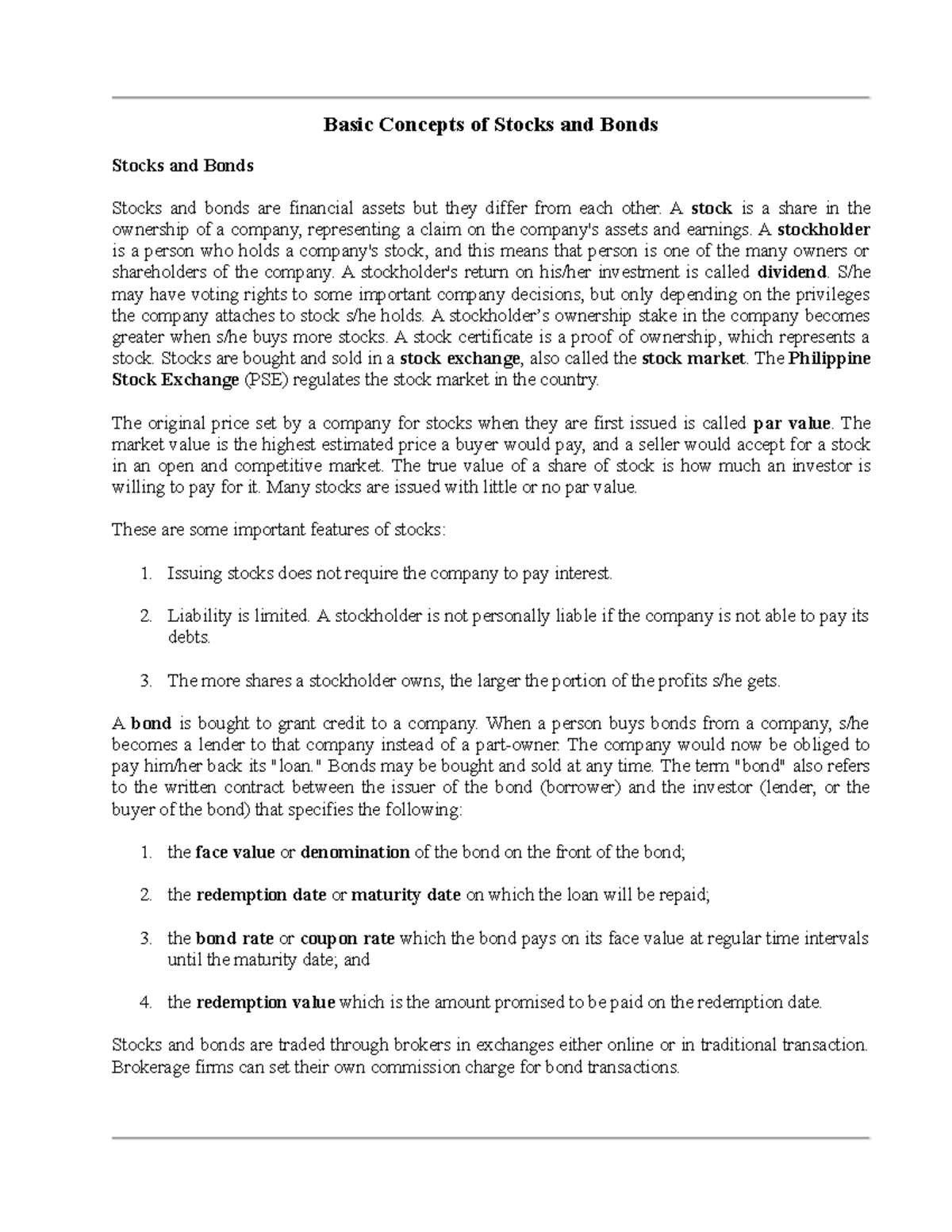 Basic Concept of Stocks and Bond - Stocks and Bonds Basic Concepts of ...