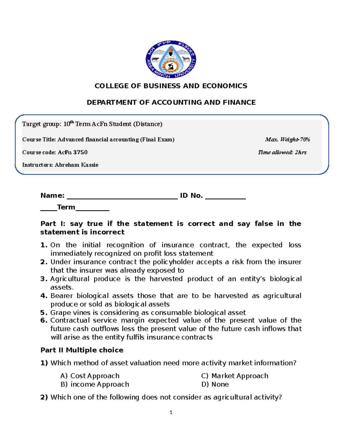 Advanced FA Final 2015 - afa - COLLEGE OF BUSINESS AND ECONOMICS ...