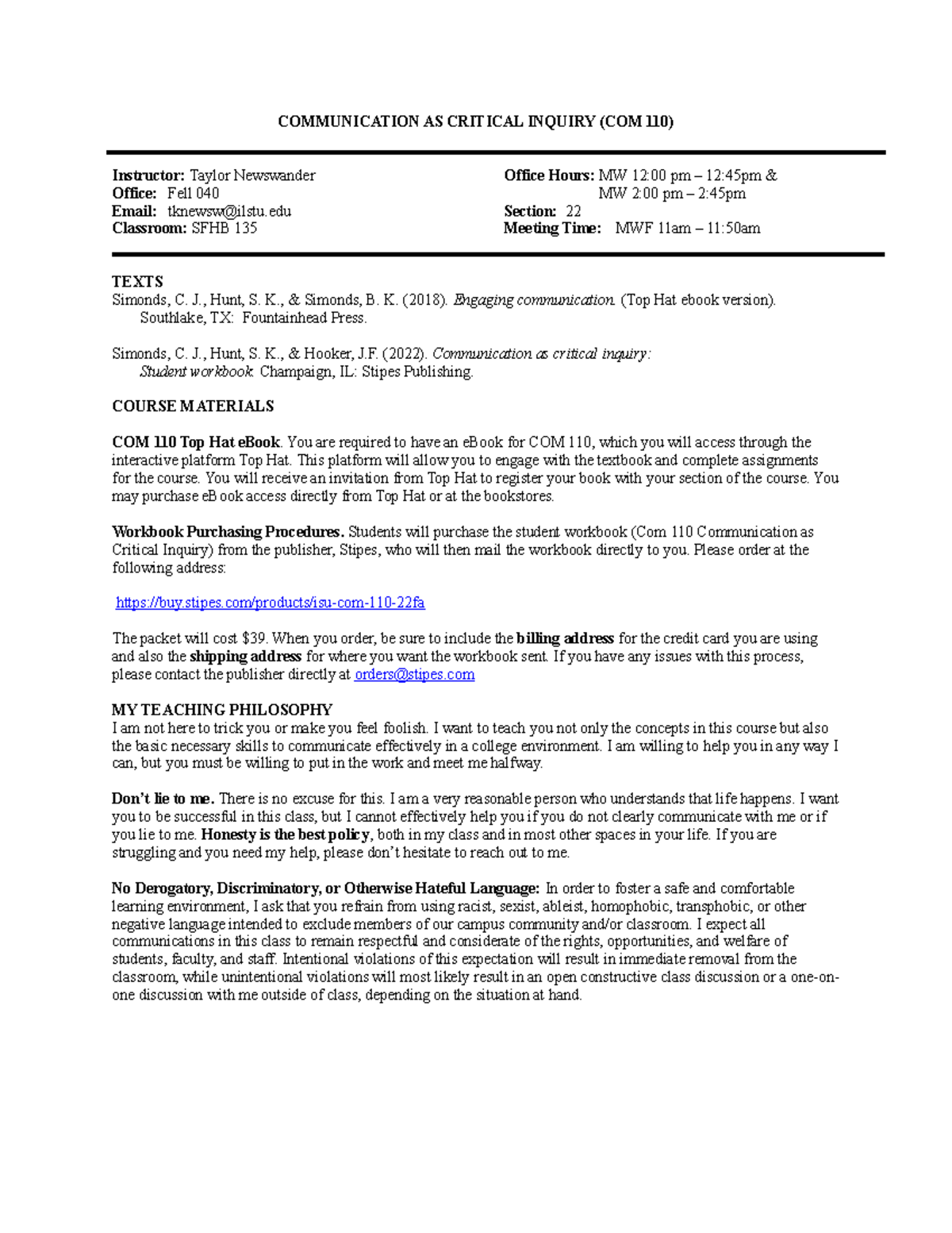 Com 110.22 S23 Syllabus - COMMUNICATION AS CRITICAL INQUIRY (COM 110 ...