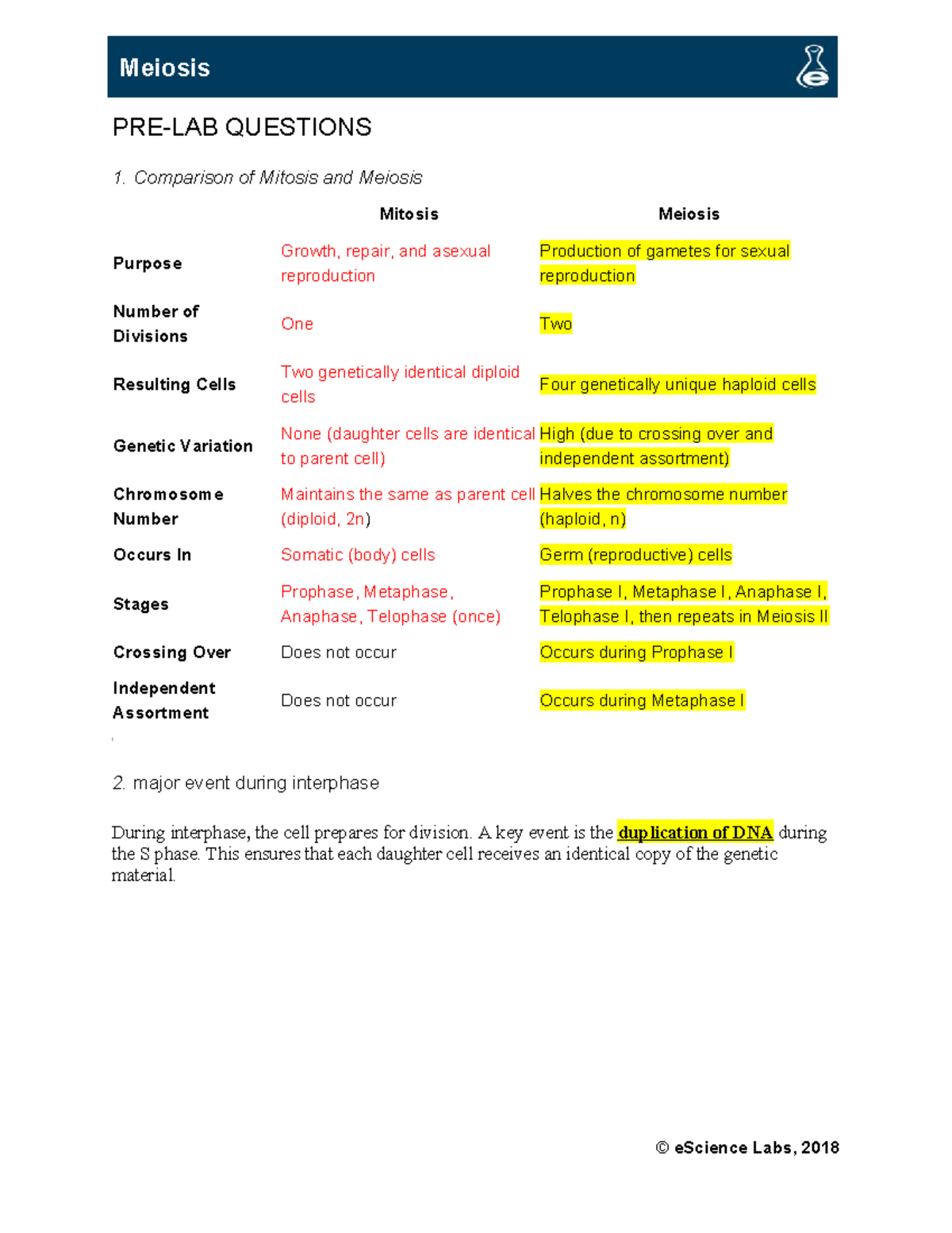 Lab #8 pt.2 mitosis - Meiosis PRE-LAB QUESTIONS 1. Comparison of ...