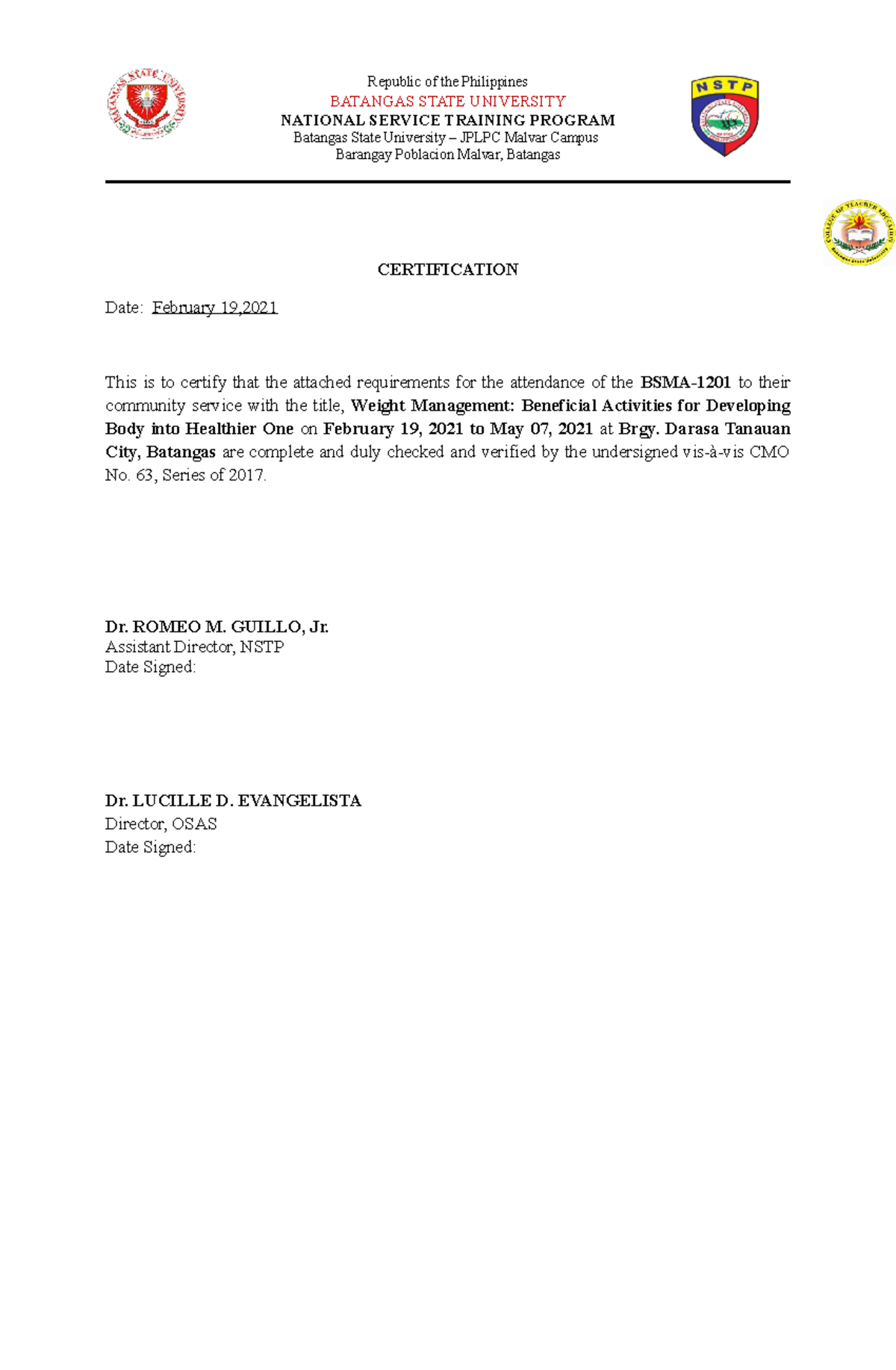 02.-Certification-nstp-osas (1) - Republic of the Philippines BATANGAS ...