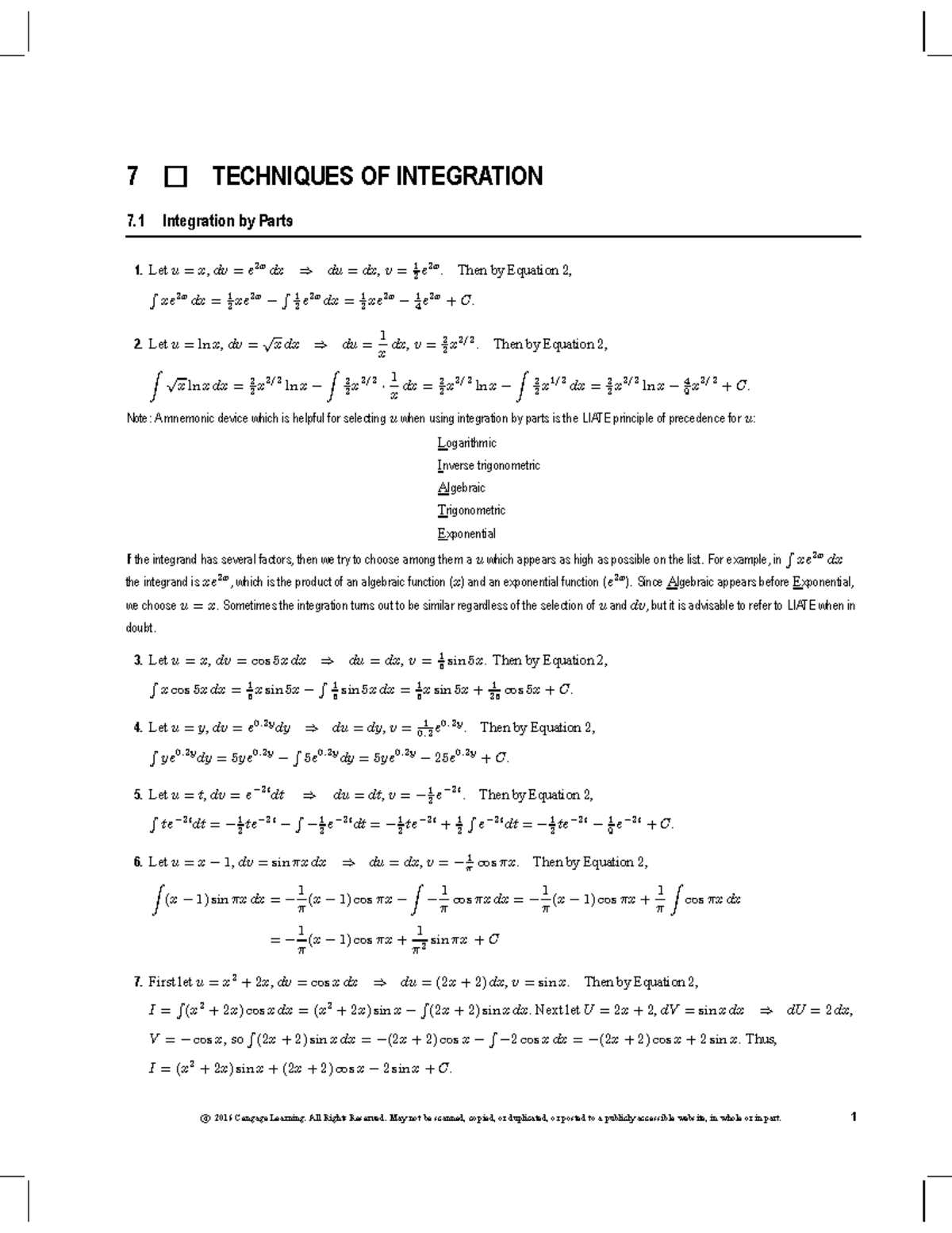 Chapter 7 CSM - ........... - 7 TECHNIQUES OF INTEGRATION 7 Integration by Parts Let = , = 2 ...