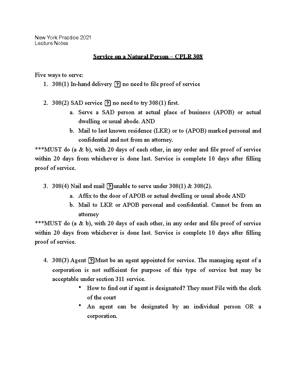 Service OF Process Notes - New York Practice 2021 Lecture Notes Service ...