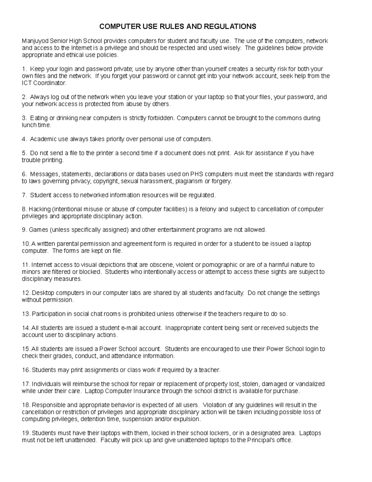 Student Handbook - Computers - COMPUTER USE RULES AND REGULATIONS ...