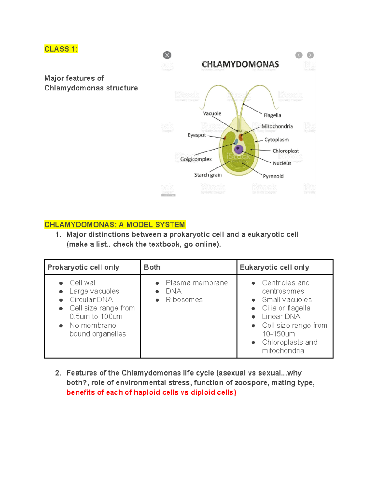 Copy of BIO 1002B Outcomes - CLASS 1: Major features of Chlamydomonas ...