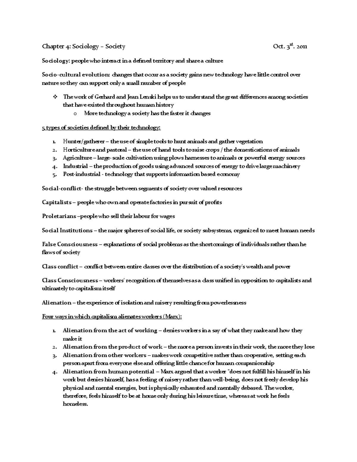 Summary Sociology - chapter 4 - Chapter 4: Sociology Society Oct. 3rd ...