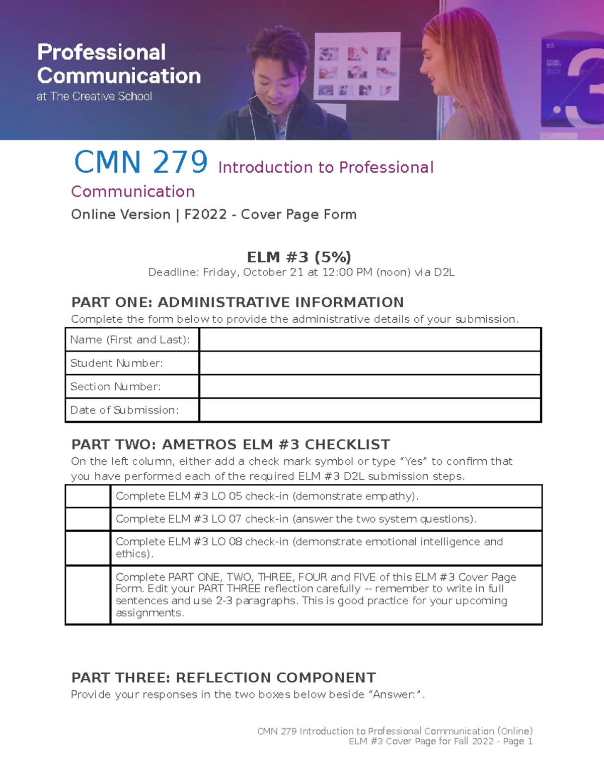 CMN 279 (Online) ELM #3 Cover Page Form Merged - F2022 - CMN 279 Introduction to Professional ...