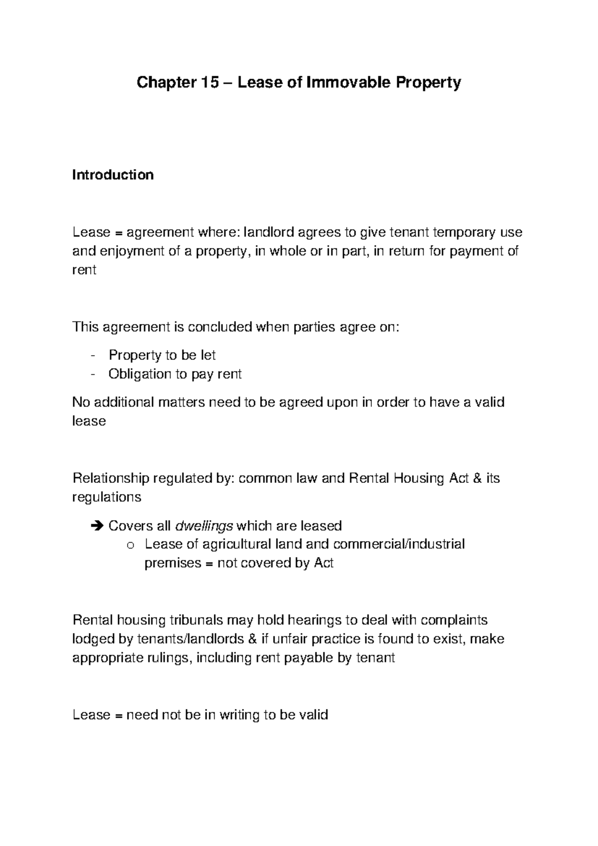 Chapter 15 - Lease of Immovable Property - Notes - Chapter 15 – Lease ...