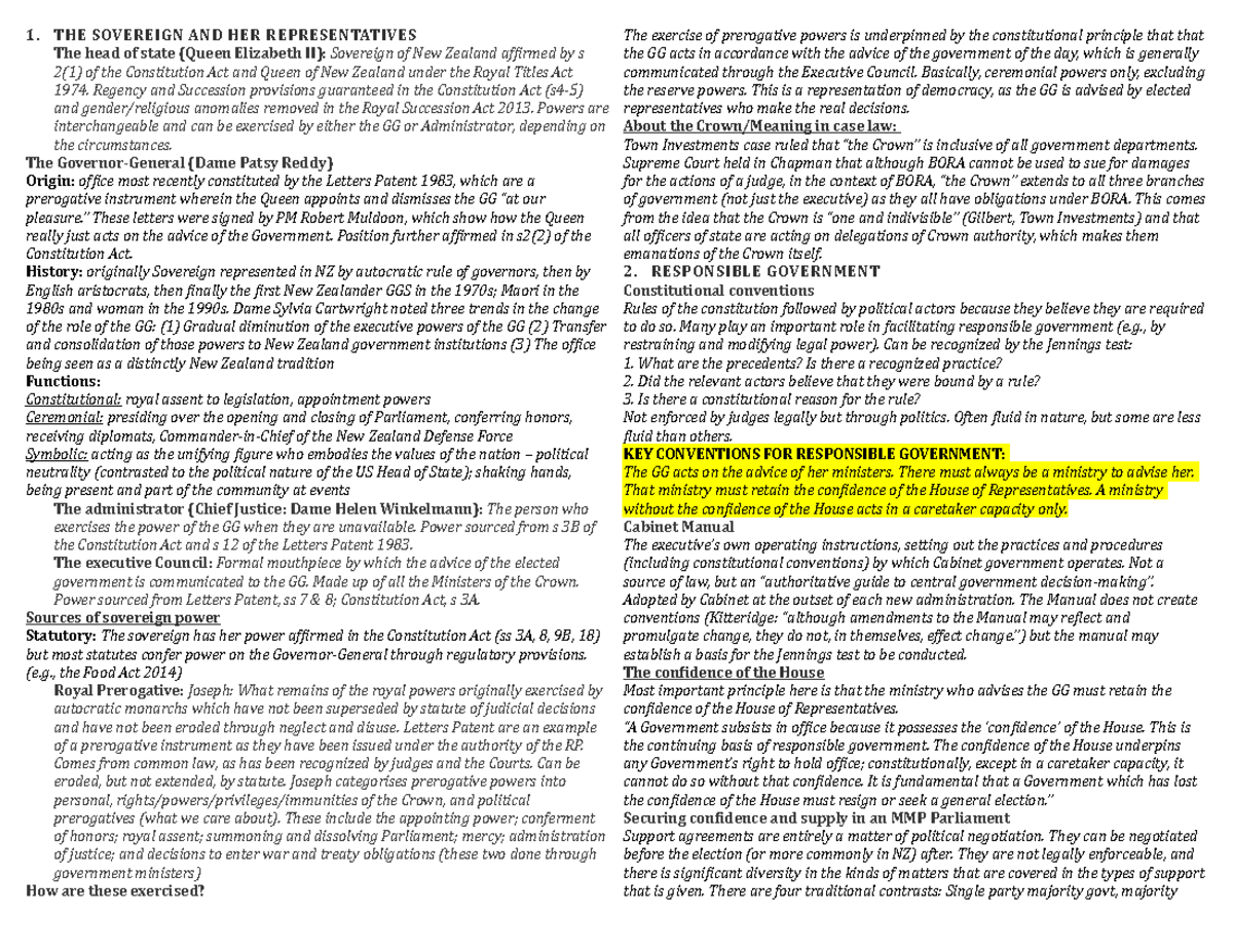 Study Guide/Notes - 1. THE SOVEREIGN AND HER REPRESENTATIVES The head ...