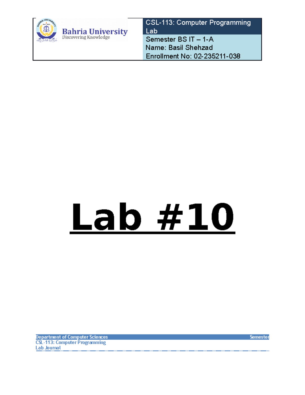 Assigement 10 Of Computer Programming Lab In Bukc Lab Semester Bs It 1 A Name Basil Shehzad