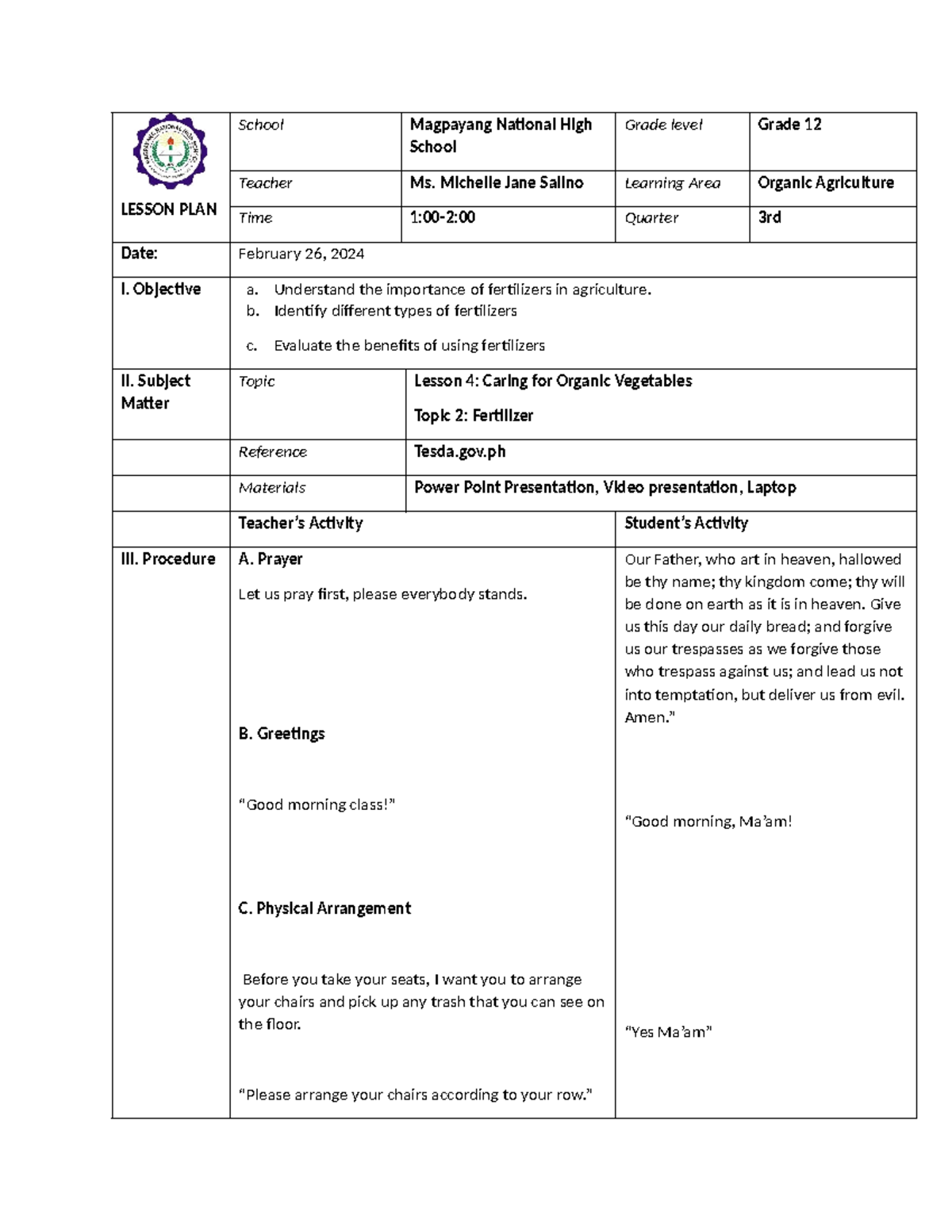 Lesson PLAN in TVL 12 Topic 2 - LESSON PLAN School Magpayang National High School Grade level ...