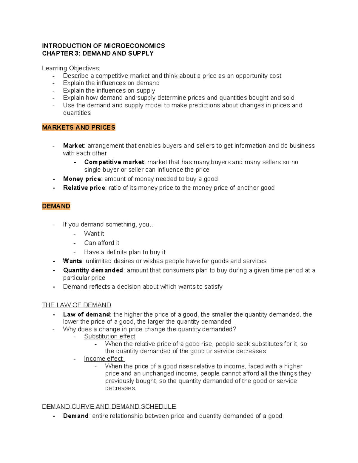 ECON 101 - Ch 3 Demand and Supply - INTRODUCTION OF MICROECONOMICS CHAPTER 3: DEMAND AND SUPPLY ...