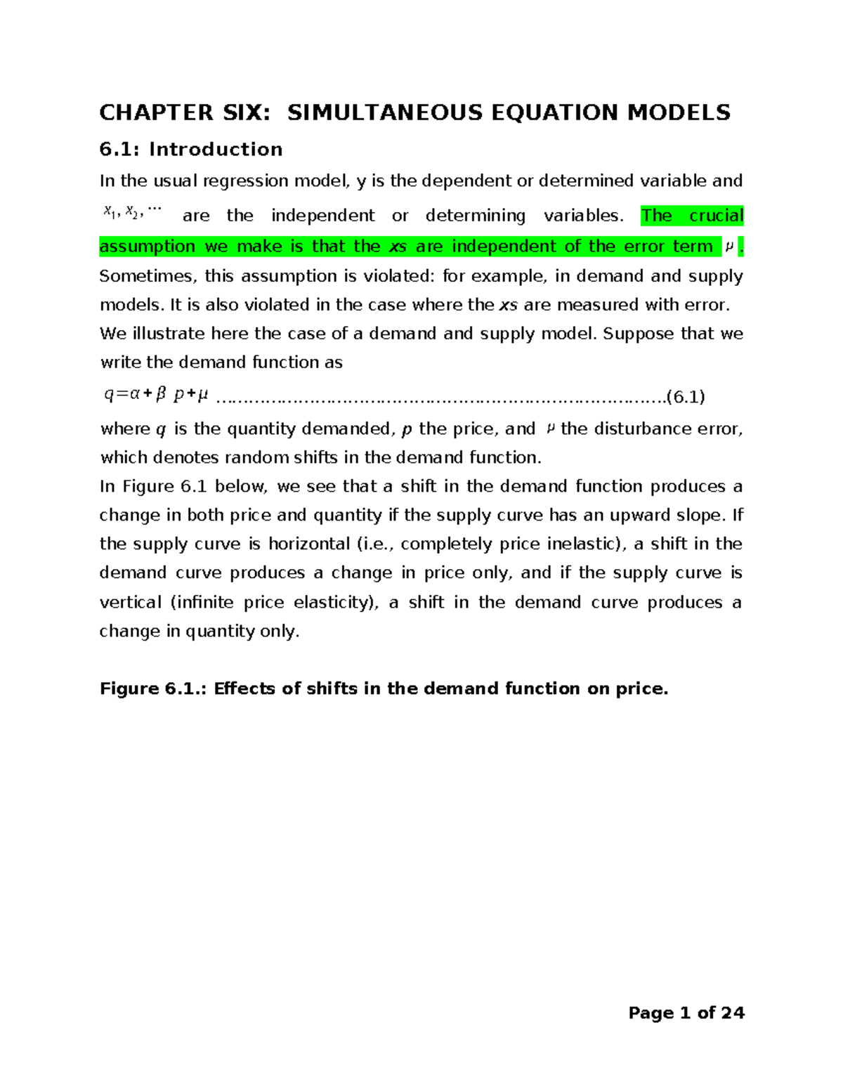 WEEK NINE- Simultaneous Equations Models - CHAPTER SIX: SIMULTANEOUS EQUATION MODELS 6 ...