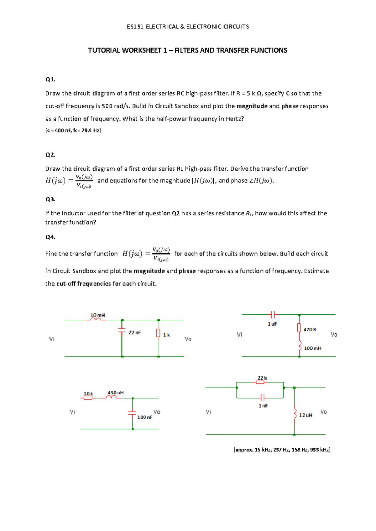 ES191 Worksheet 1 2024 - Tutorial Week22 - ES191 ELECTRICAL & ELECTRONIC CIRCUITS TUTORIAL - Studocu