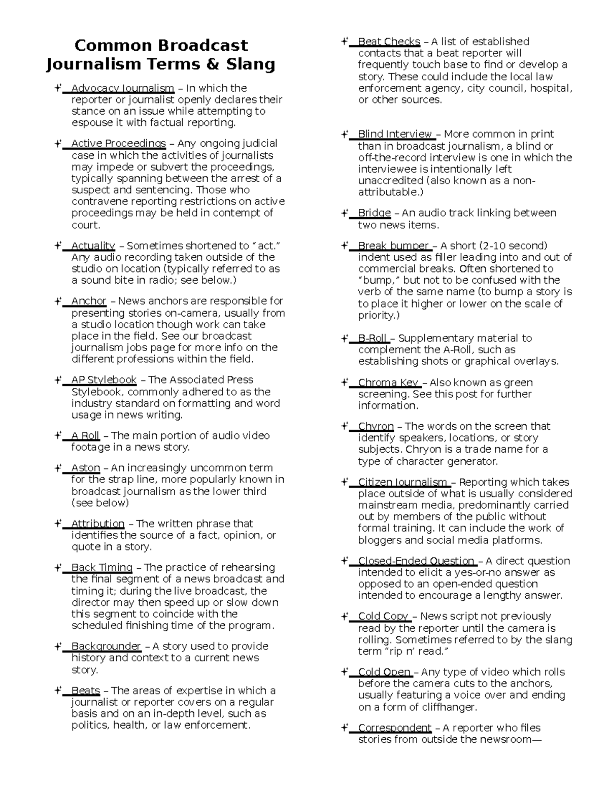 Common Broadcast Journalism Terms - Common Broadcast Journalism Terms ...
