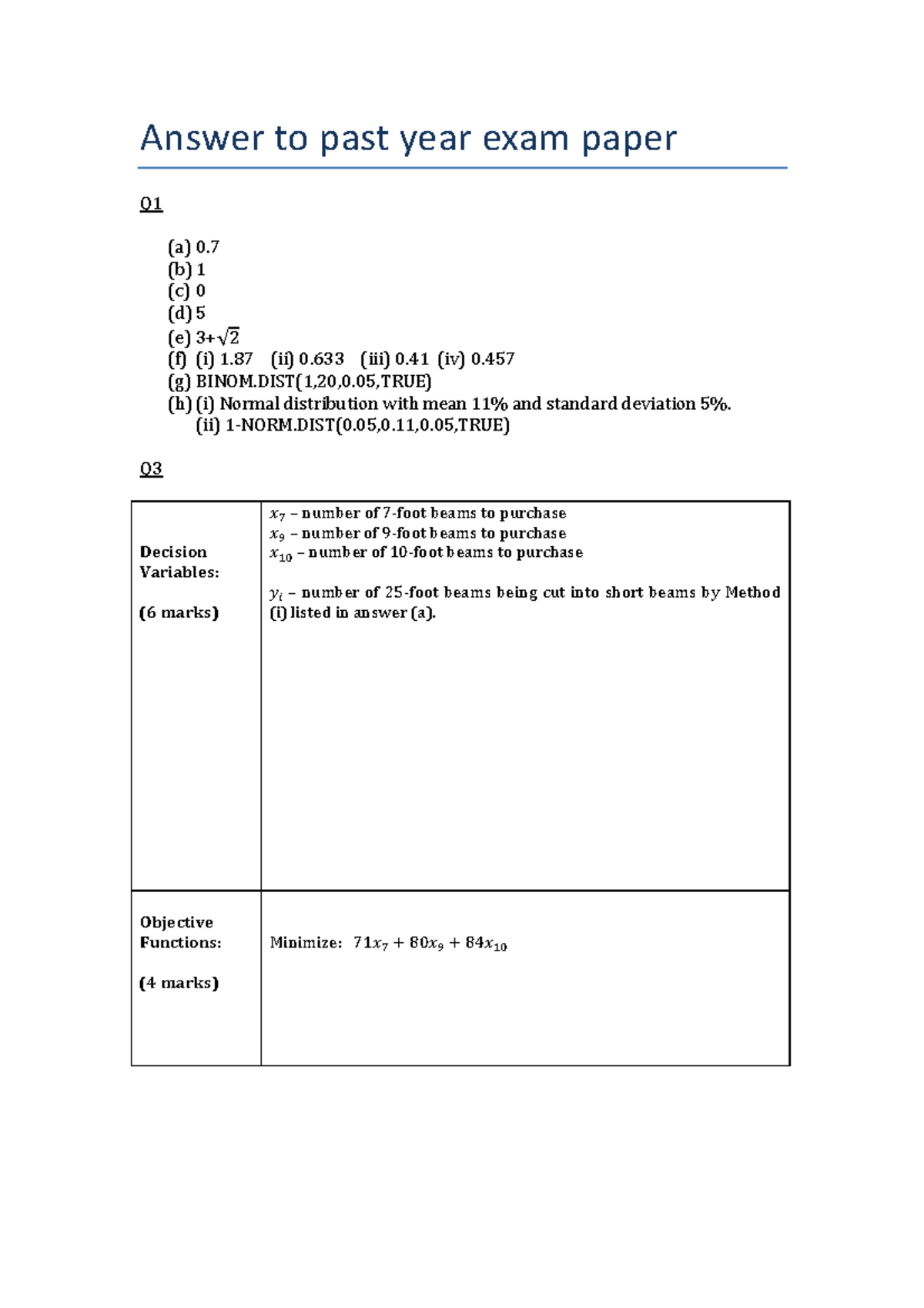 past year exam practices - AŶswer to past LJear edžaŵ paper Q (a) 0. (b ...