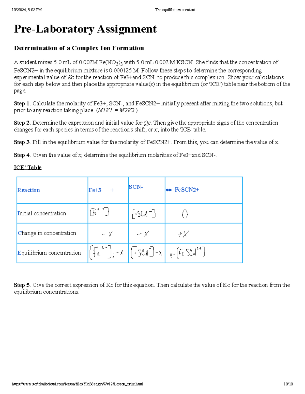 The equilibrium constant-1 - Pre-Laboratory Assignment Determination of a Complex Ion Formation ...