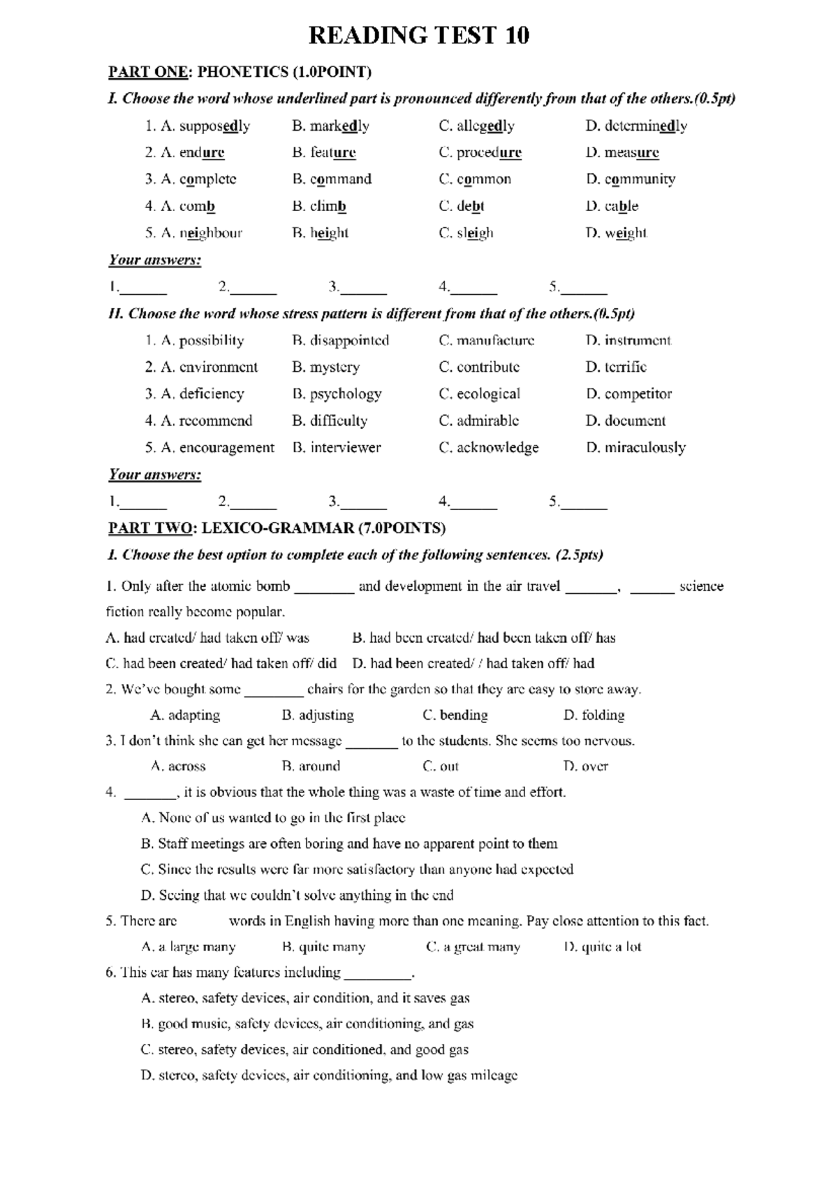 Reading TEST 10 - Eggeg - READING TEST 10 PART ONE: PHONETICS (1) I ...