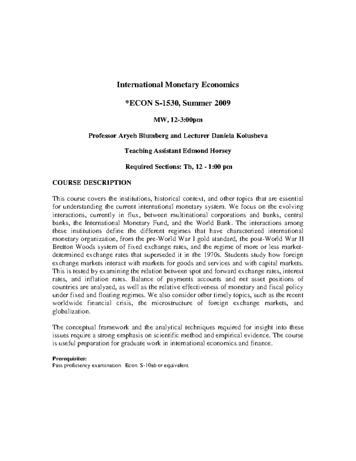 2 - Notes - International Monetary Economics *ECON S-1530, Summer 2009 ...