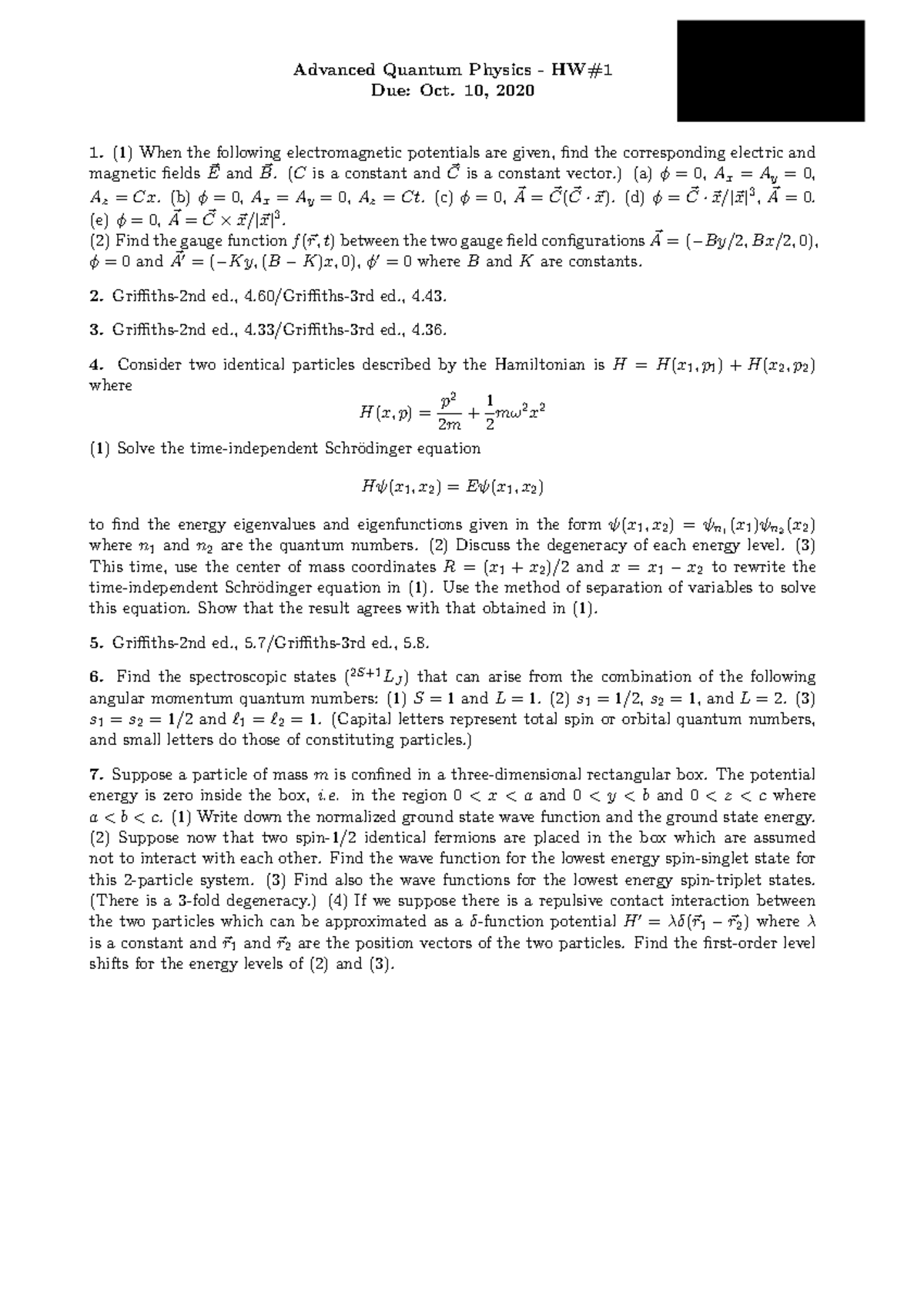 HW1 QP - Quantum Physics Assignment No.1 - Advanced Quantum Physics ...