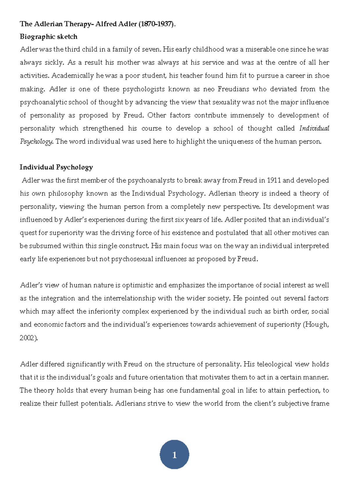 Theories and techniques of counselling - The Adlerian Therapy- Alfred ...