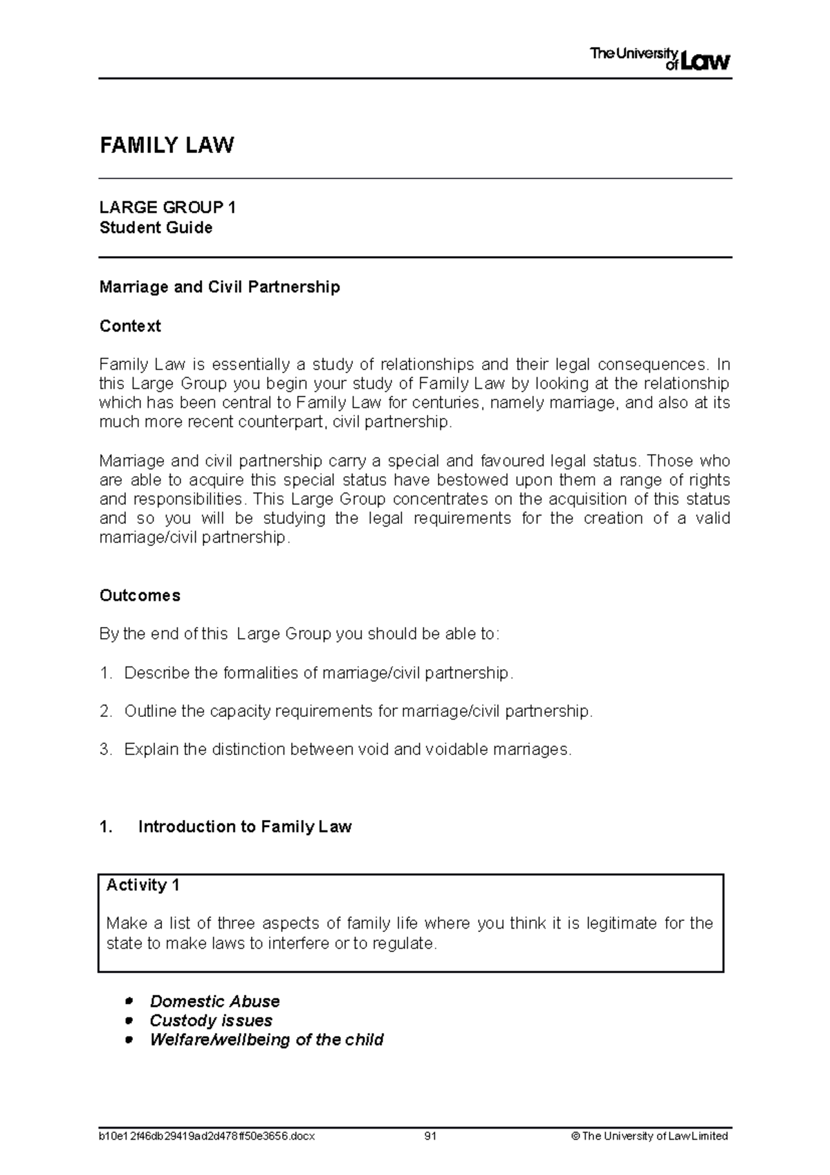 Family law Lg1 - FAMILY LAW LARGE GROUP 1 Student Guide Marriage and ...