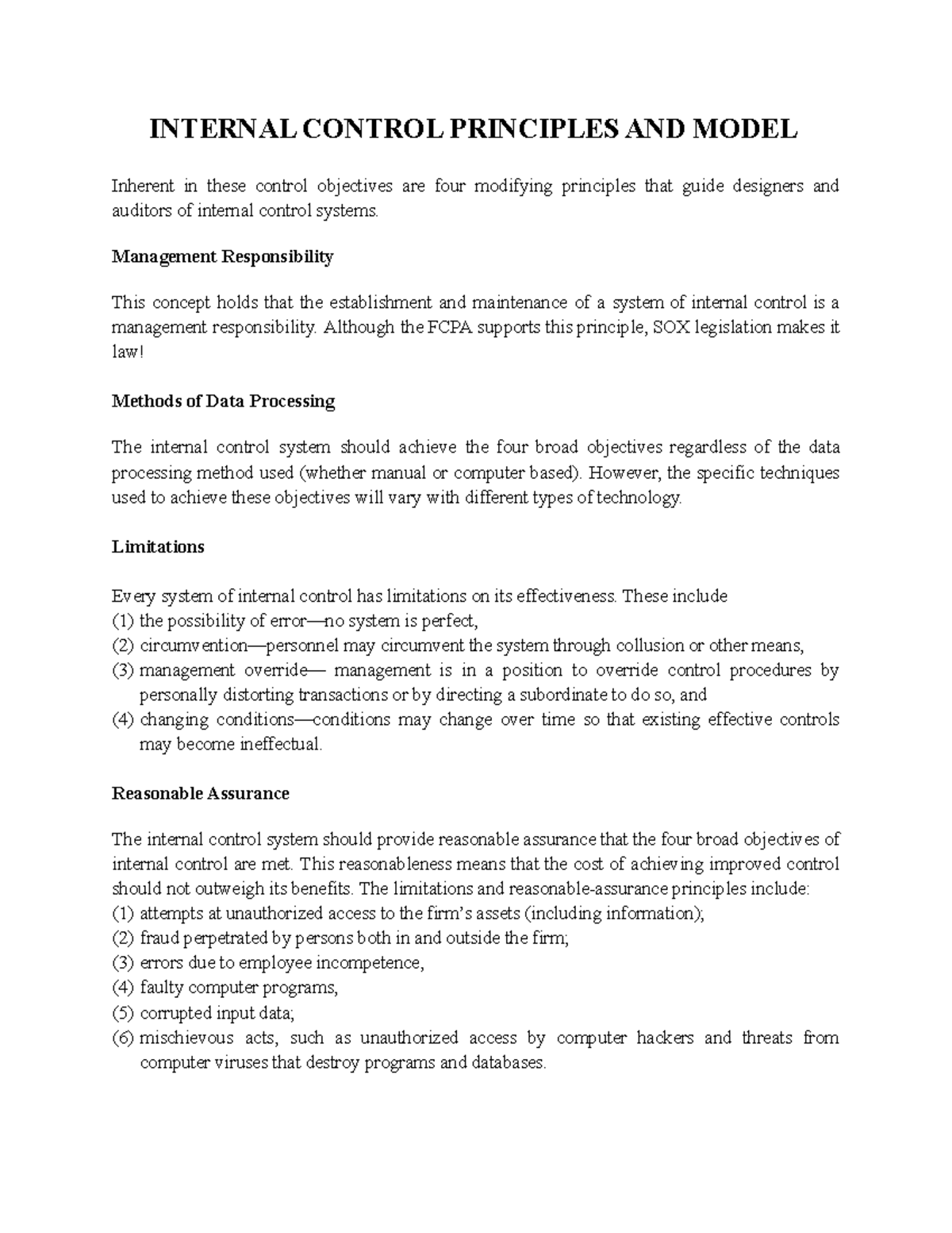 OP Lecture 10 - INTERNAL CONTROL PRINCIPLES AND MODEL Inherent in these control objectives are ...
