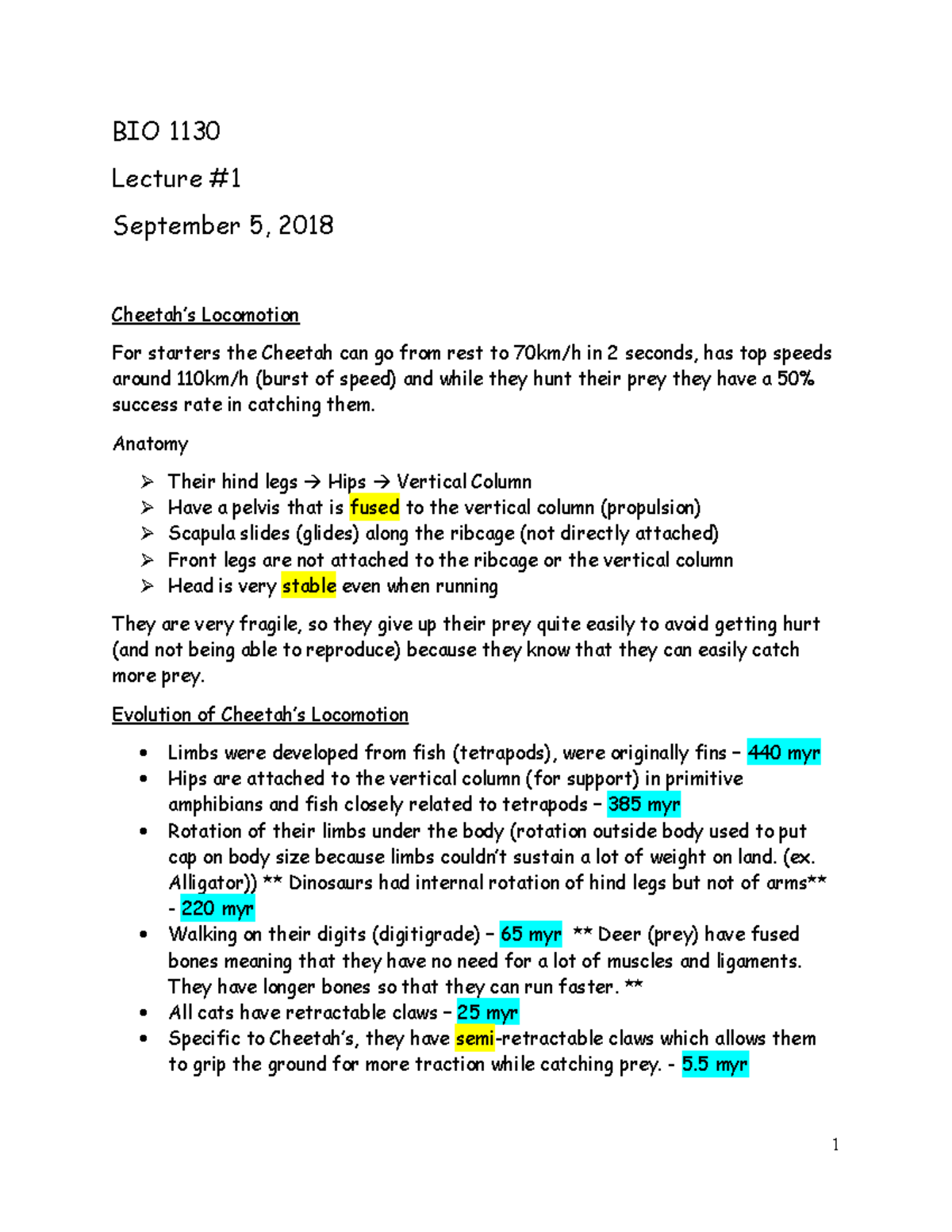 Bio Lecture Notes Complete - BIO 1130 Lecture #1 September 5, 2018 ...