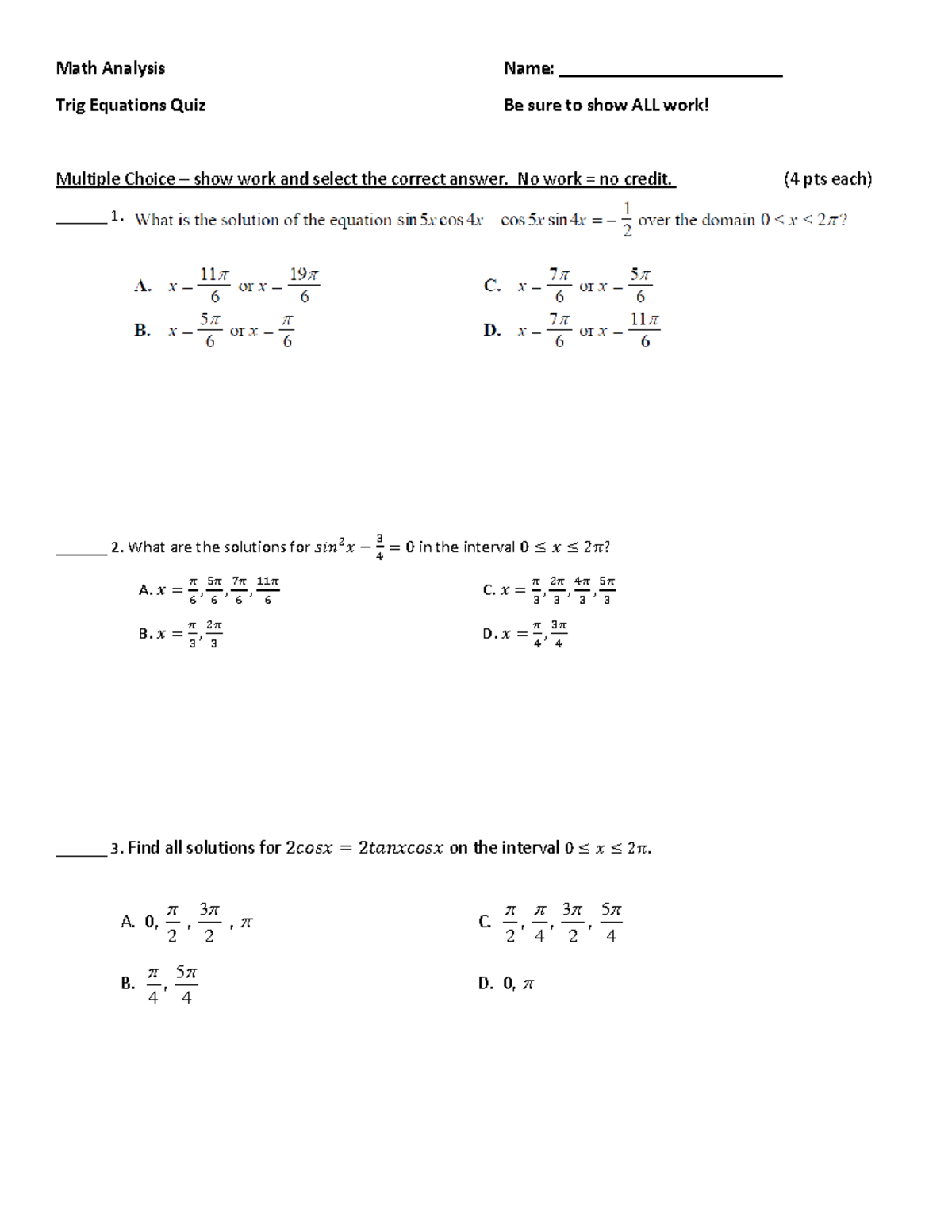 Trig Equations Quiz Edited - Math Analysis Name ...