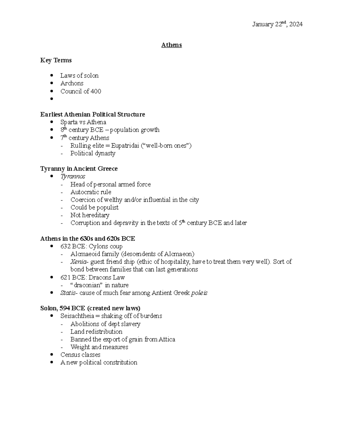 Athens - lecture notes - January 22nd, 2024 Athens Key Terms Laws of ...