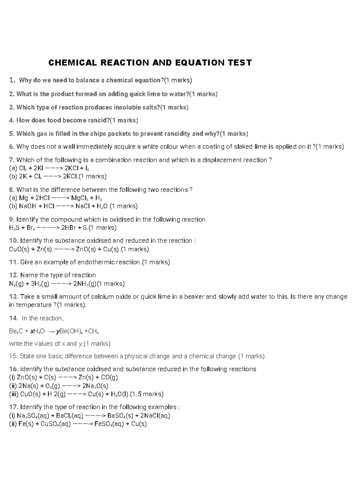 Chemical Reaction AND Equation TEST - CHEMICAL REACTION AND EQUATION ...