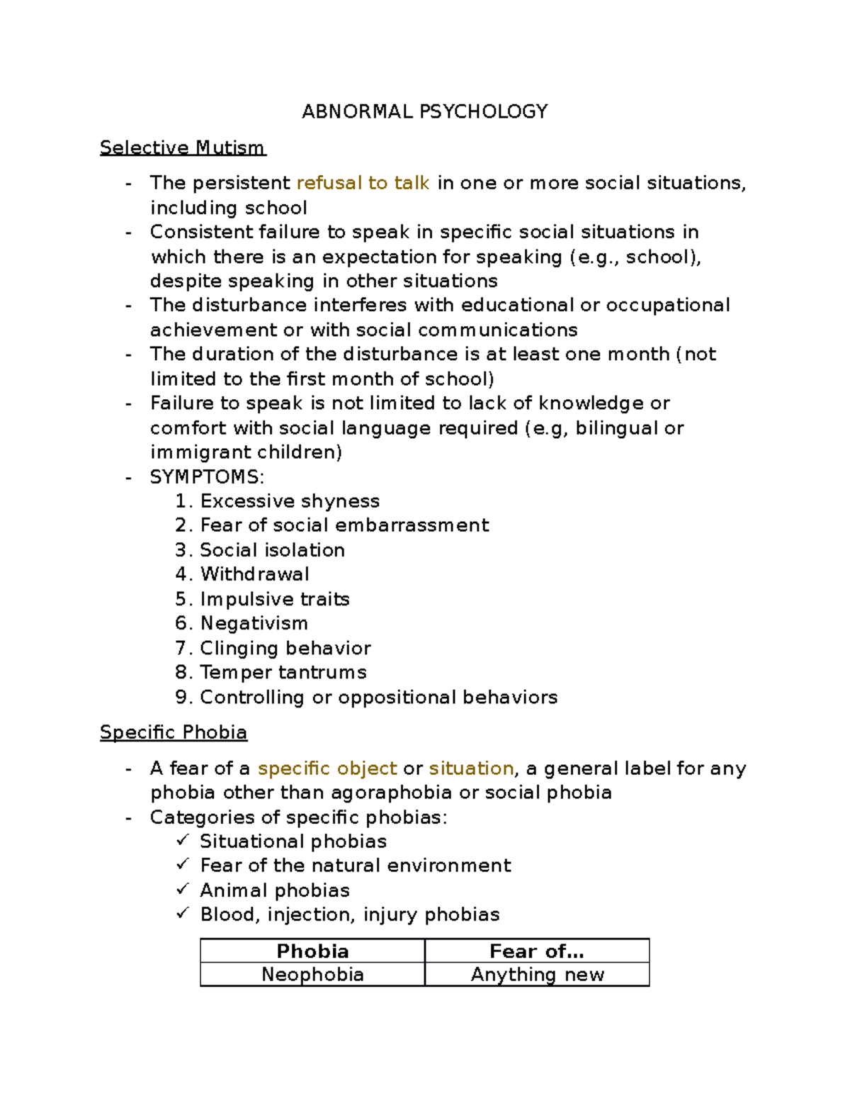 Anxiety Disorders - Lecture notes 1 - ABNORMAL PSYCHOLOGY Selective ...