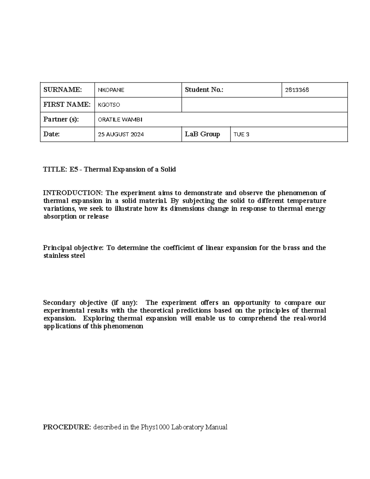 Exp05 - Thermal Expansion - Lab Report Template - SURNAME: NKOPANE ...