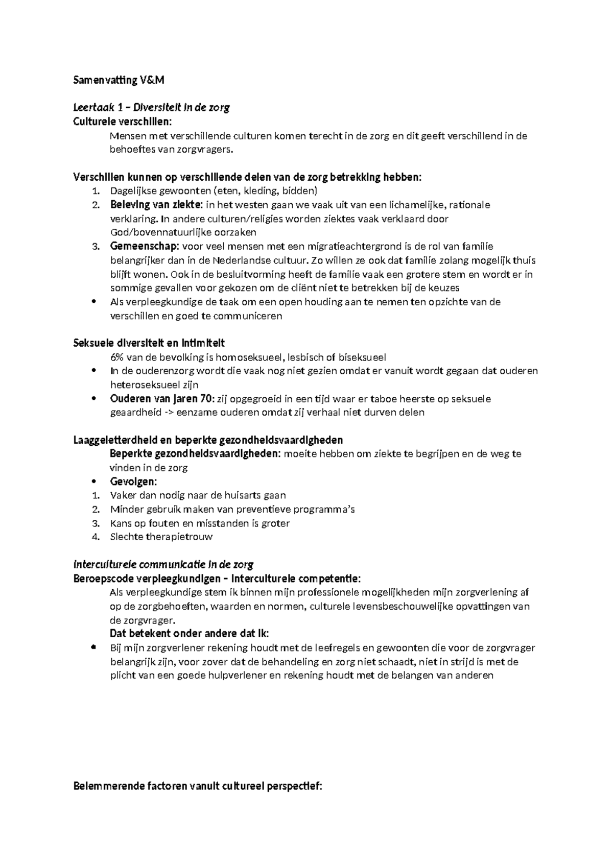 Samenvatting V&M - Samenvatting V&M Leertaak 1 – Diversiteit in de zorg Culturele verschillen ...