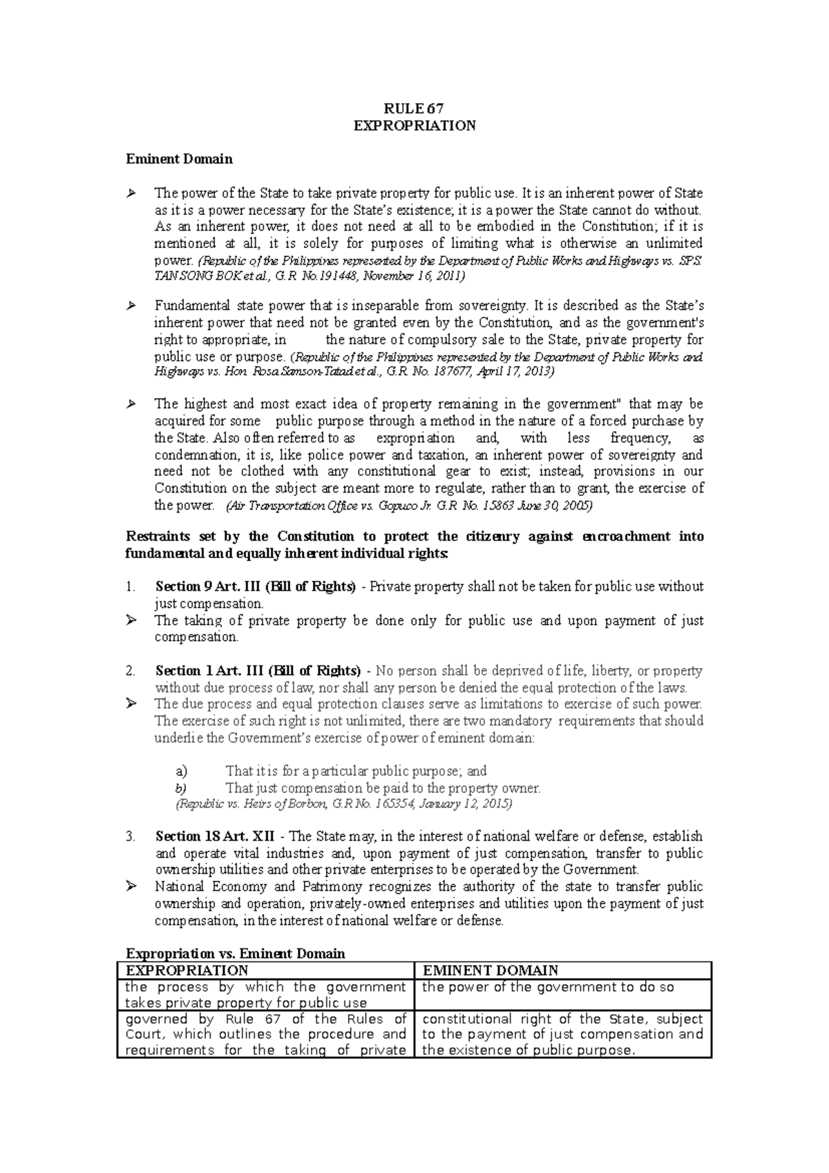 RULE-67-Expropriation - RULE 67 EXPROPRIATION Eminent Domain The power ...