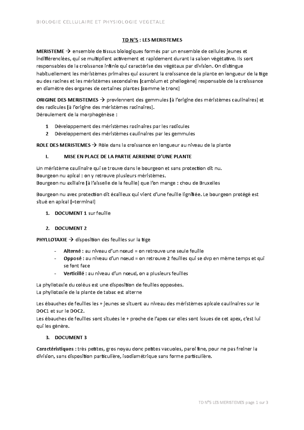 LES Meristemes - ... - BIOLOGIE CELLULAIRE ET PHYSIOLOGIE VEGETALE TD N ...