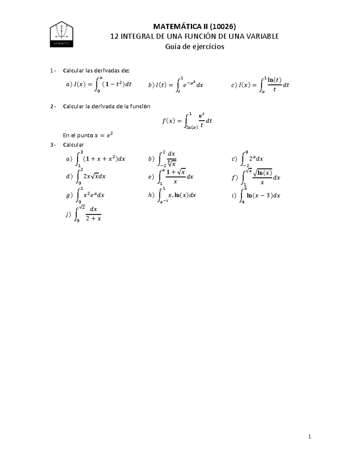 12 Integral de una funcion de una variable real Ejercicios - MATEMÁTICA ...