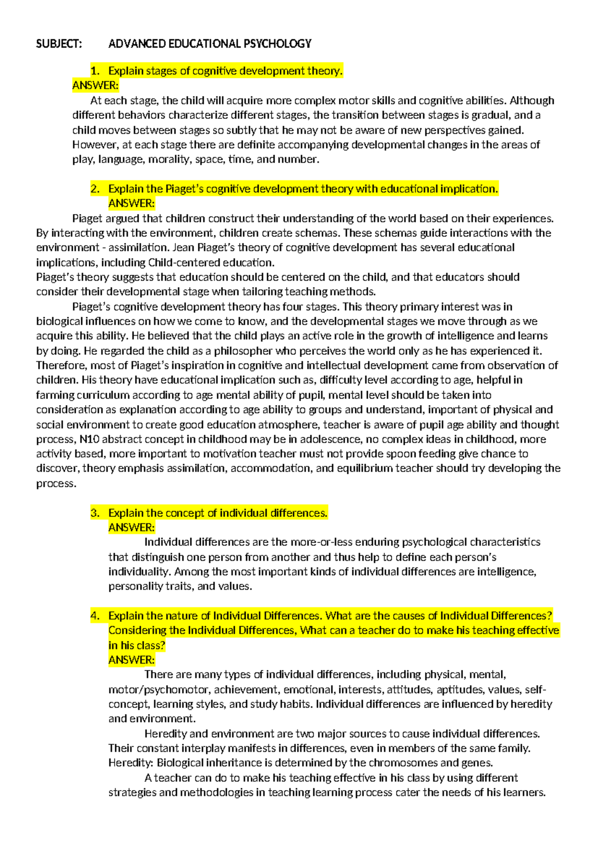 Advanced Psychology - SUBJECT: ADVANCED EDUCATIONAL PSYCHOLOGY Explain ...