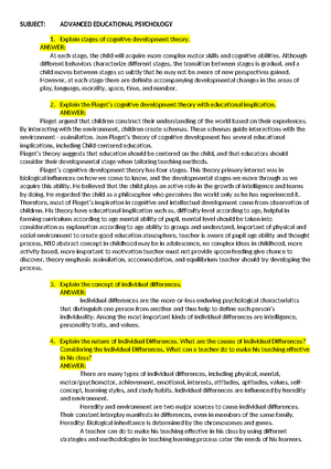 Advanced Psychology 2 - SUBJECT: ADVANCED EDUCATIONAL PSYCHOLOGY 1 ...