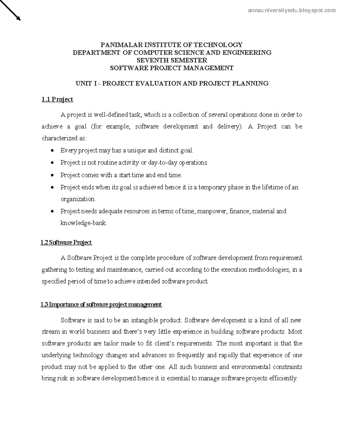 SPM UNIT 1 Notes - PANIMALAR INSTITUTE OF TECHNOLOGY DEPARTMENT OF ...