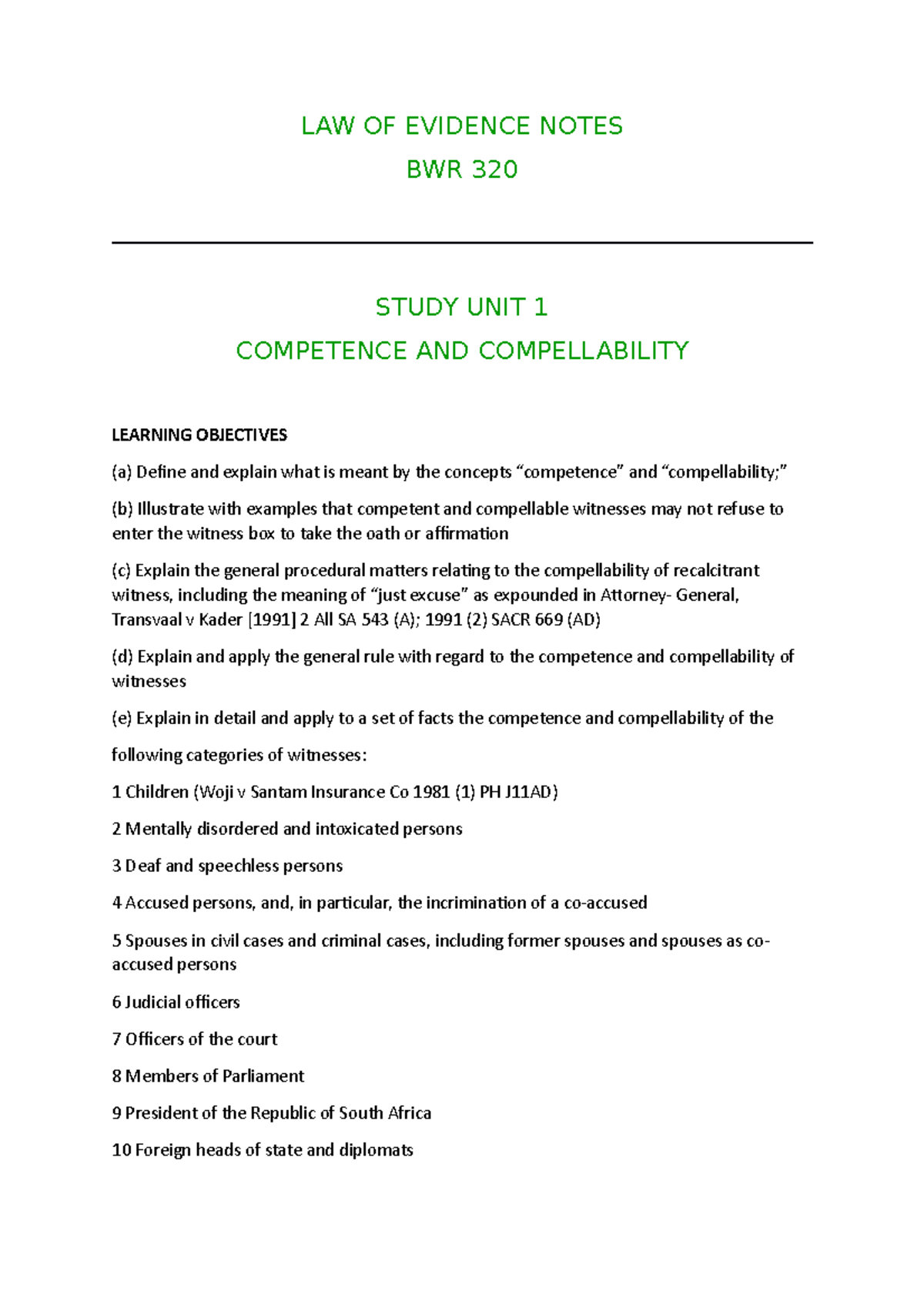 LAW OF Evidence Notes - BWR - LAW OF EVIDENCE NOTES BWR 320 STUDY UNIT ...