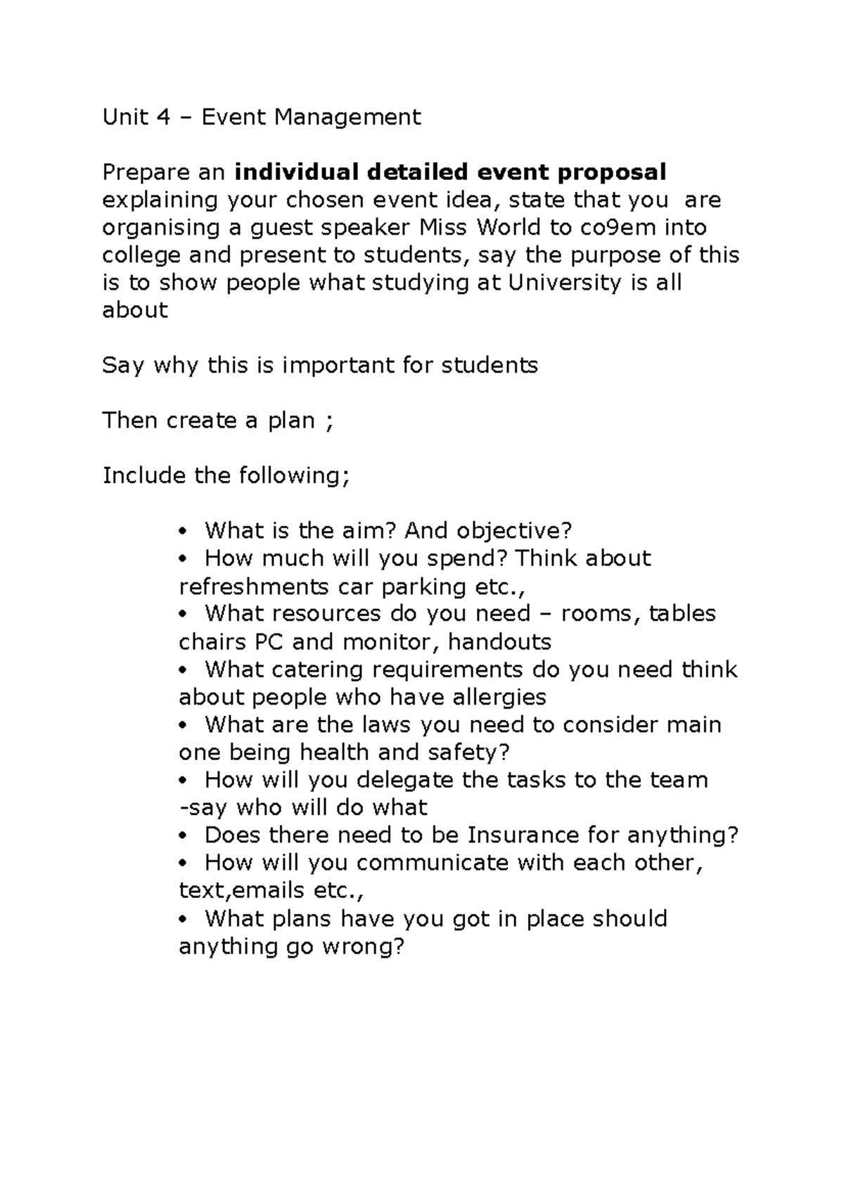 Unit 4 TASK 2 - assignment - Unit 4 – Event Management Prepare an individual detailed event ...