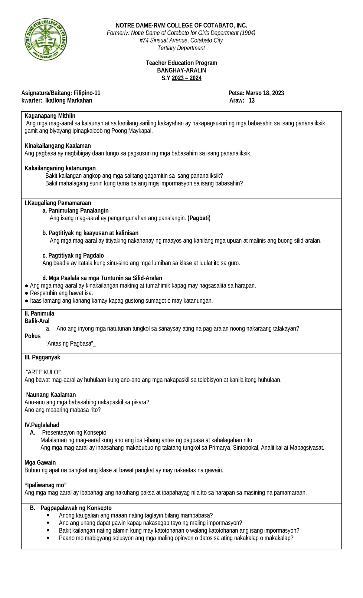 Antas ng Pagbasa - a lesson plan for educ intern - NOTRE DAME-RVM ...