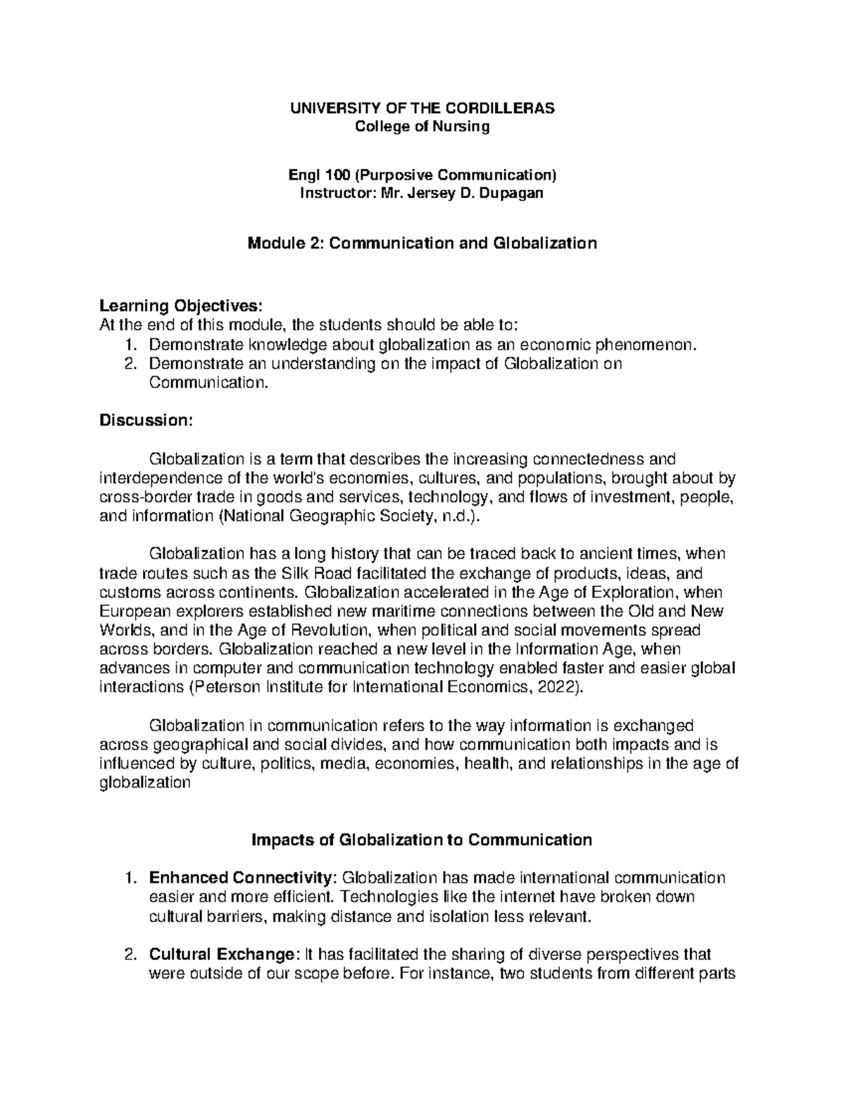 Module 2 Communication & Globalization - UNIVERSITY OF THE CORDILLERAS ...