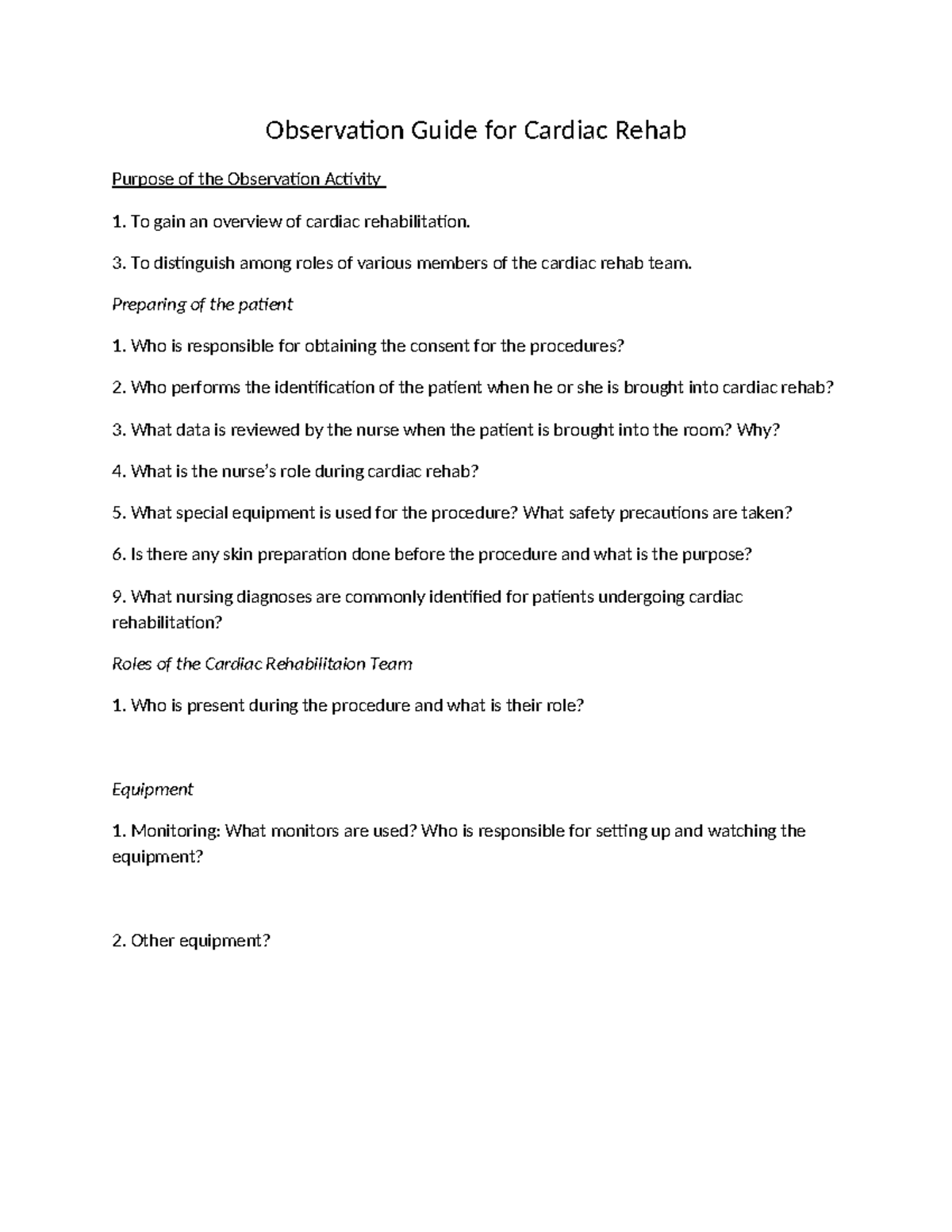 Observation Guide for Cardiac Rehab - Observation Guide for Cardiac ...