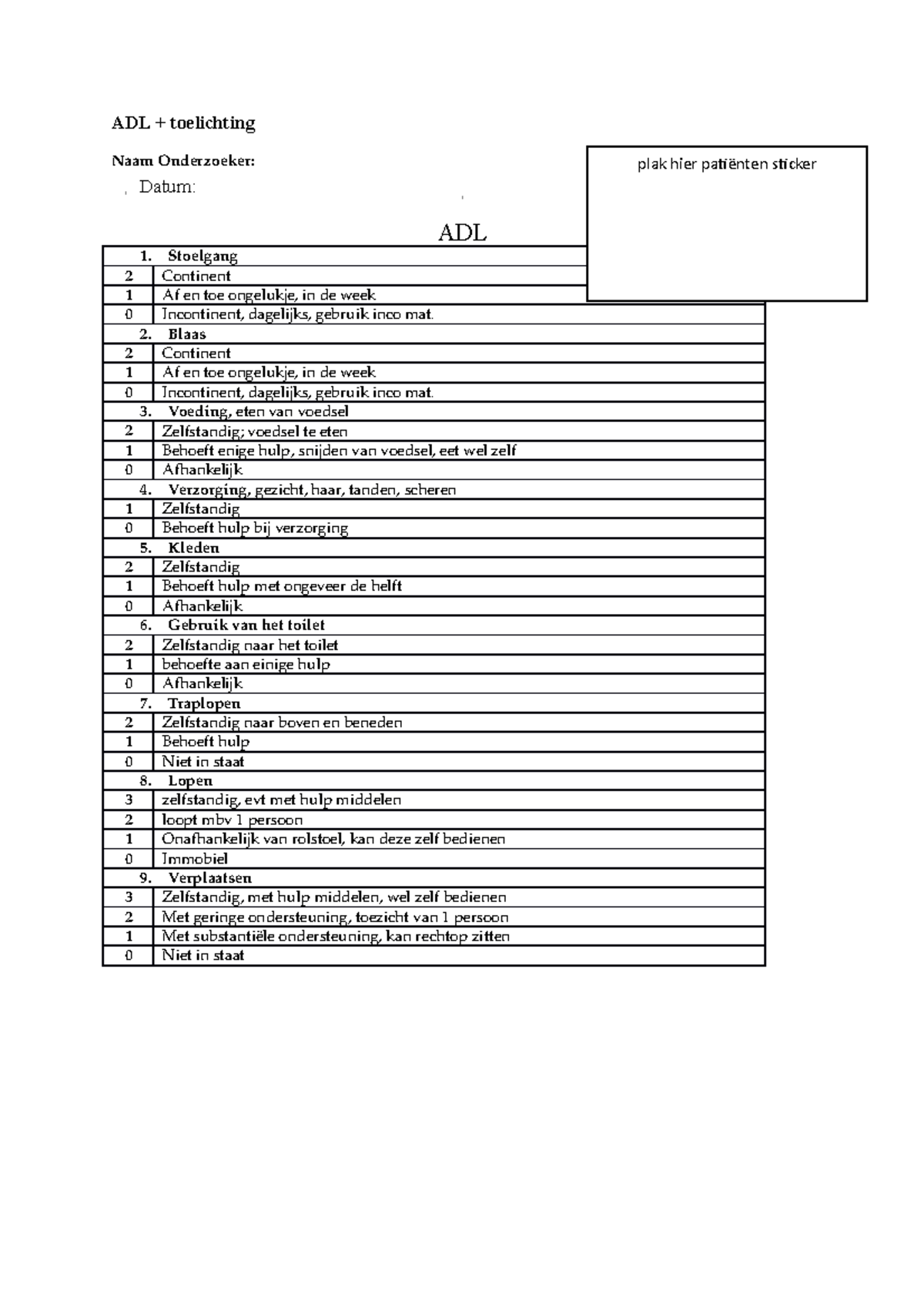ADL met toelichting - Overzicht van vragenlijst met uitwerking - ADL ...
