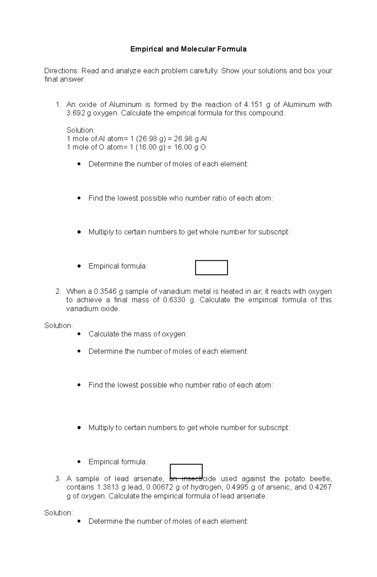 Practice Quiz Empirical and Molecular Formula - Empirical and Molecular ...