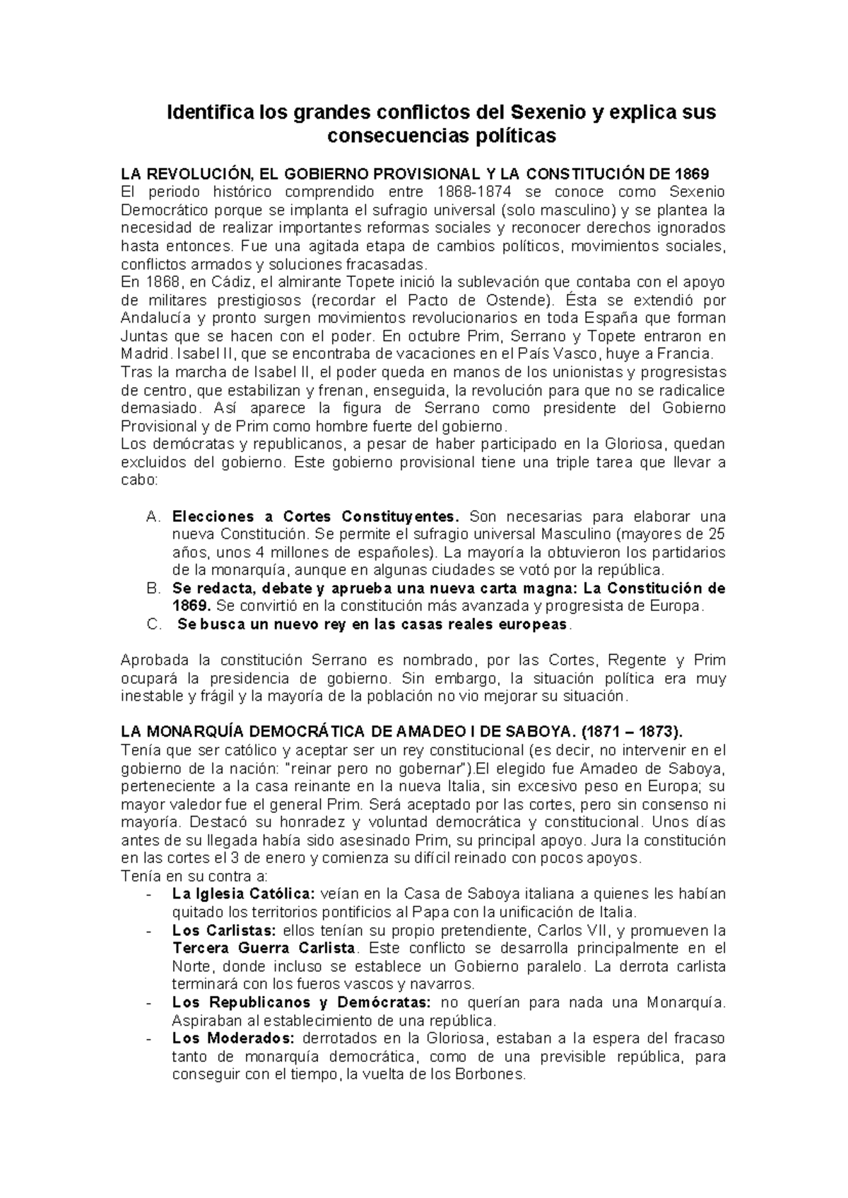 Sexenio democrático - Identifica los grandes conflictos del Sexenio y explica sus consecuencias ...